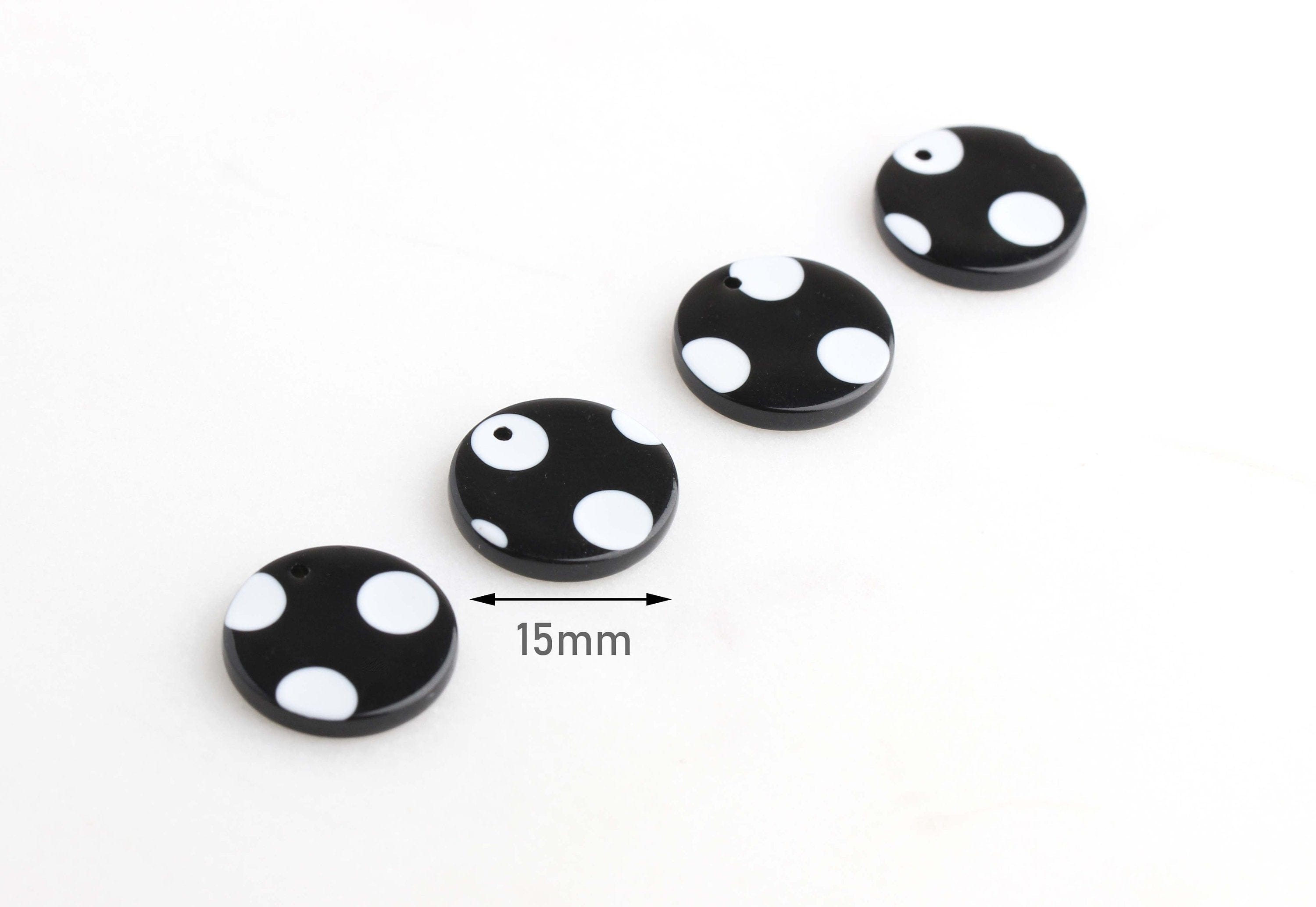 4 Black and White Polka Dot Charms, Acetate Circle Charm, Half Inch Di