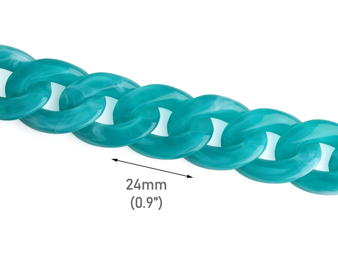 1ft Teal Blue Acrylic Chain Links, 24mm, Translucent, Marble, Colored