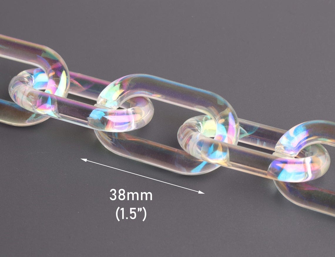 1ft Large Opal Clear Acrylic Chain Links, 38mm, Iridescent Rainbow, Cu
