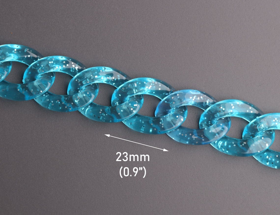 1ft Glitter Acrylic Chain Links in Ice Blue, 23mm, Transparent, Sparkl