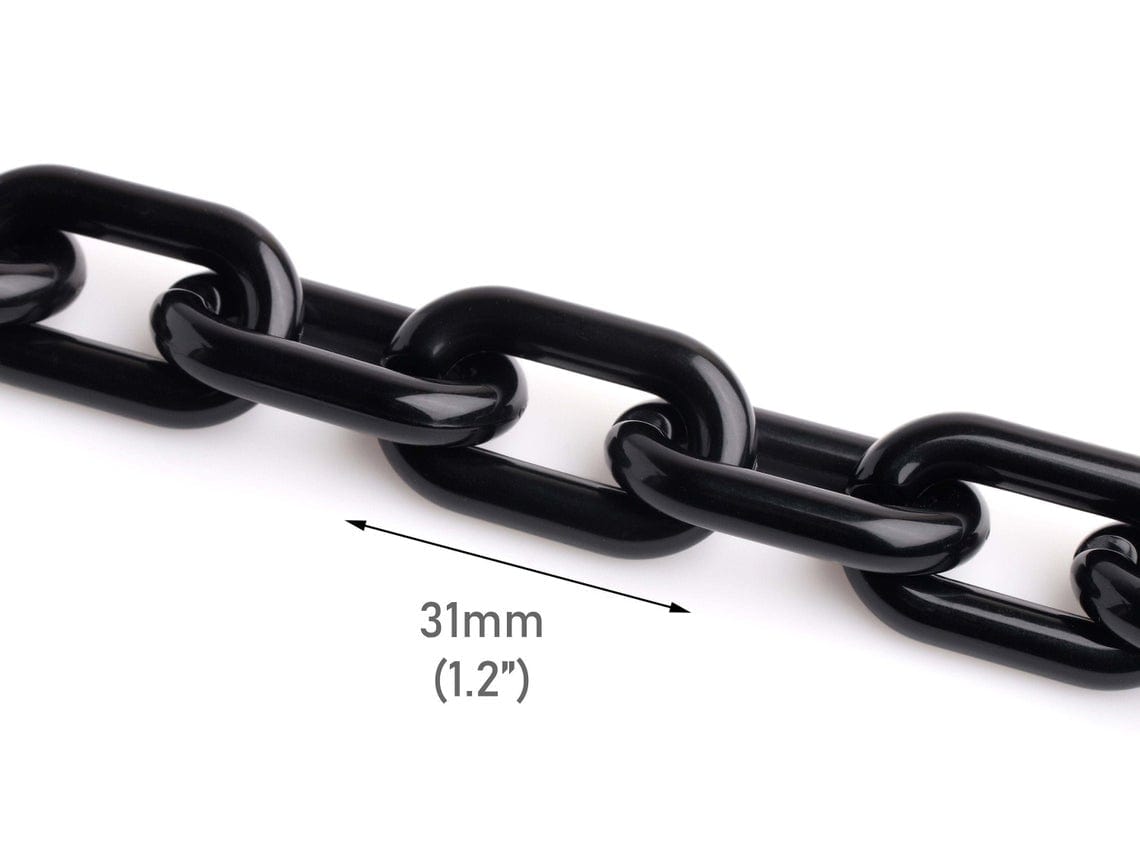 1ft Glossy Black Acrylic Chain Links, 31mm, Opaque Colored Plastic, Fo