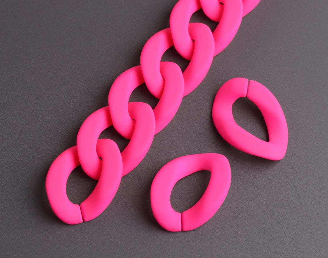 1ft Matte Neon Pink Chain Links, 24mm, Acrylic, Fluorescent, Bright Po