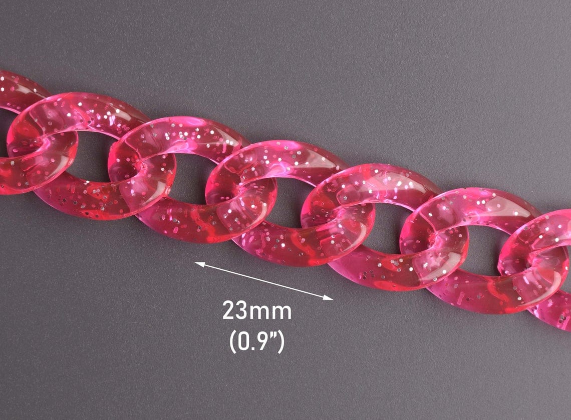1ft Glitter Acrylic Chain Links in Hot Pink, 23mm, Transparent, Craft