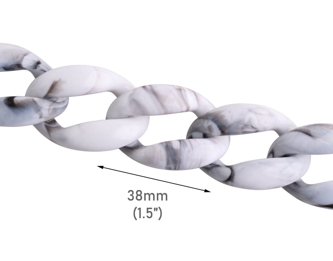 1ft Big Acrylic Chain Links in Carrara Marble, 38mm, White Gray Marble