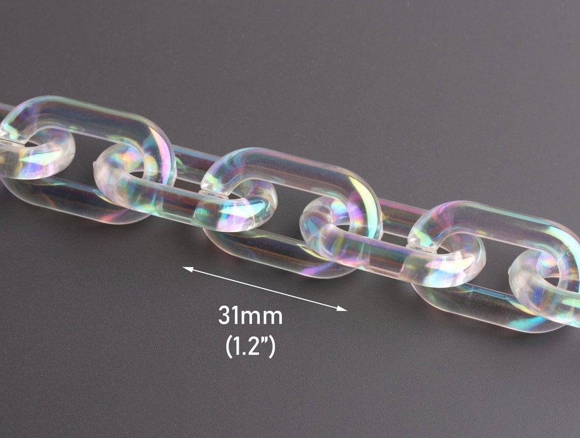 1ft Opal Clear Acrylic Chain Links, 31mm, Transparent and Iridescent