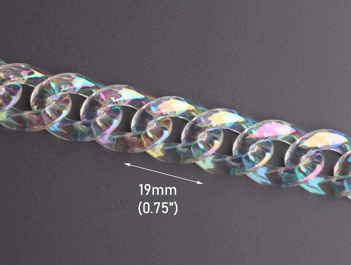 1ft Opal Clear Plastic Chain Links, 19mm, Transparent and Iridescent,
