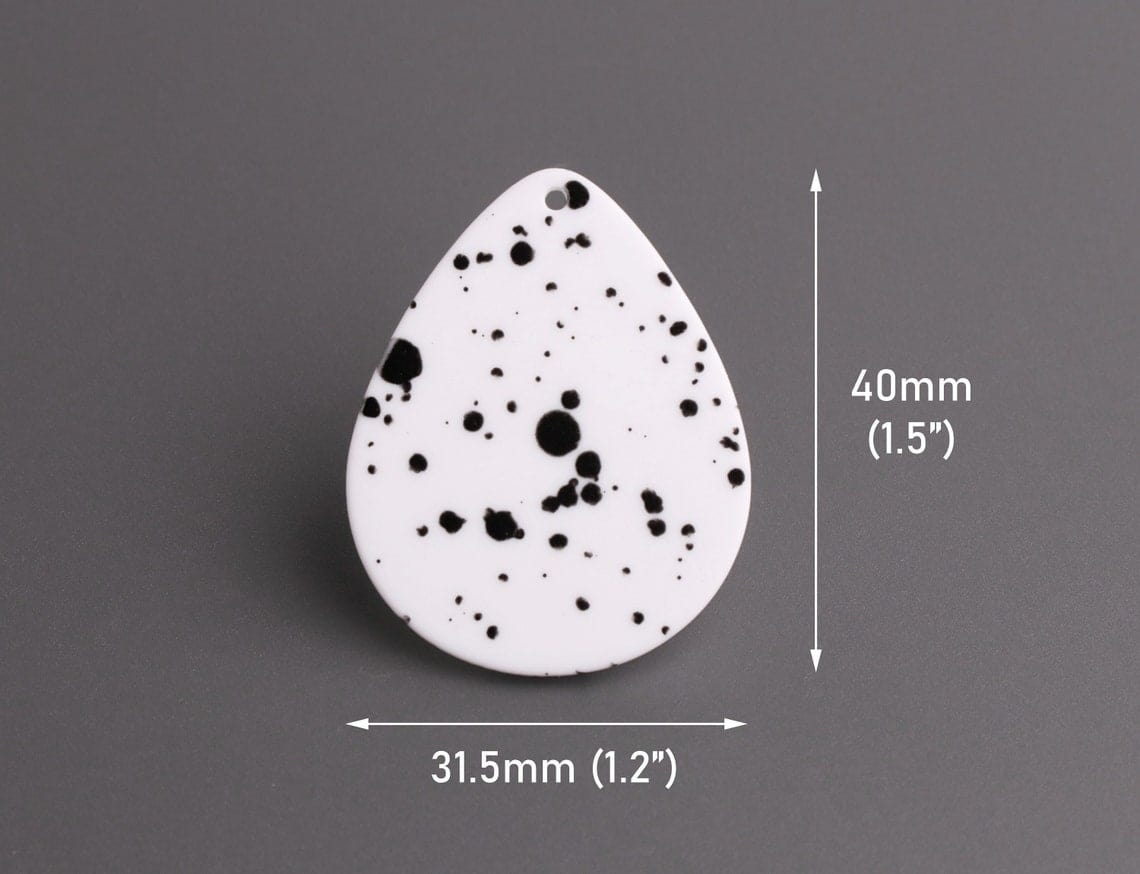 4 Large Teardrop Charms in Matte White with Black Dots, Spray Paint Sp