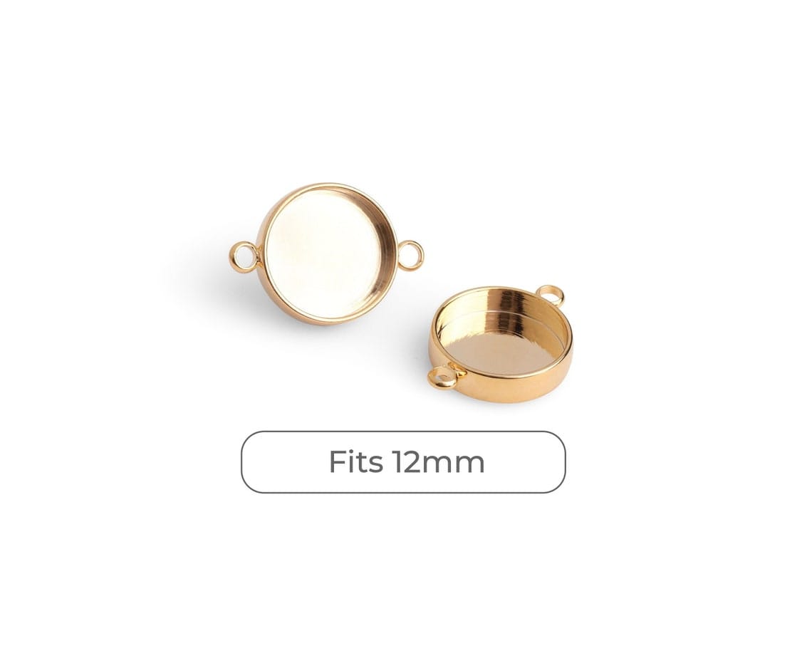 4 Round Bezel Connectors in Gold Plated, 2 Loop Holes, Deep Settings,