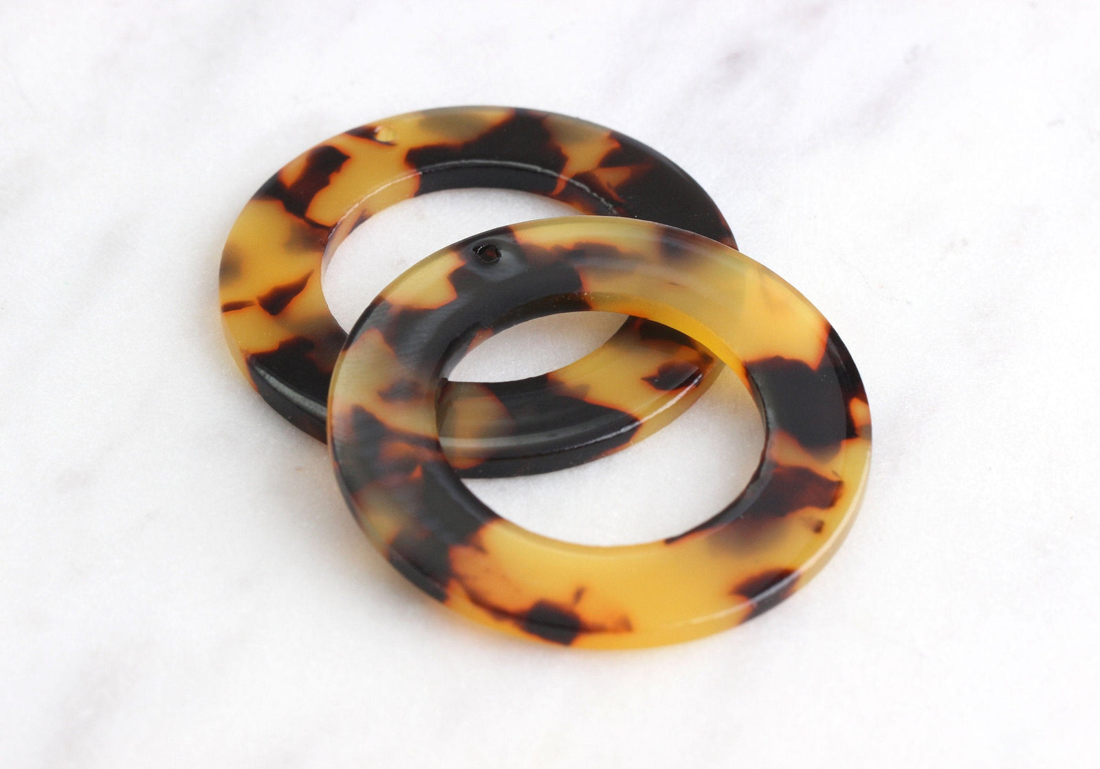 2 Large Rings in Tortoiseshell, Round Circle Pendants, Cellulose Aceta