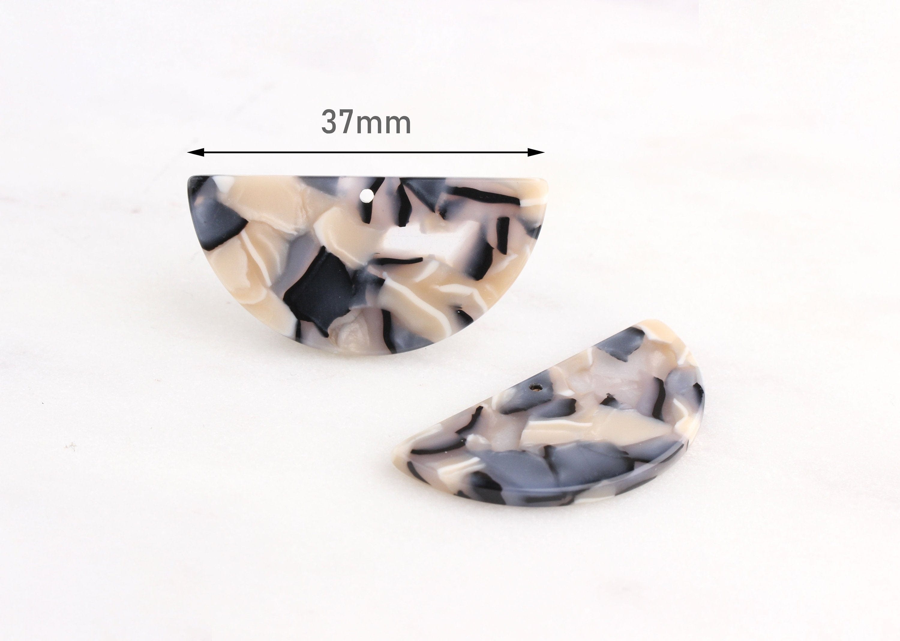 2 Large Half Circle Pendants, Ivory and Charcoal Tortoise Shell, Cellu