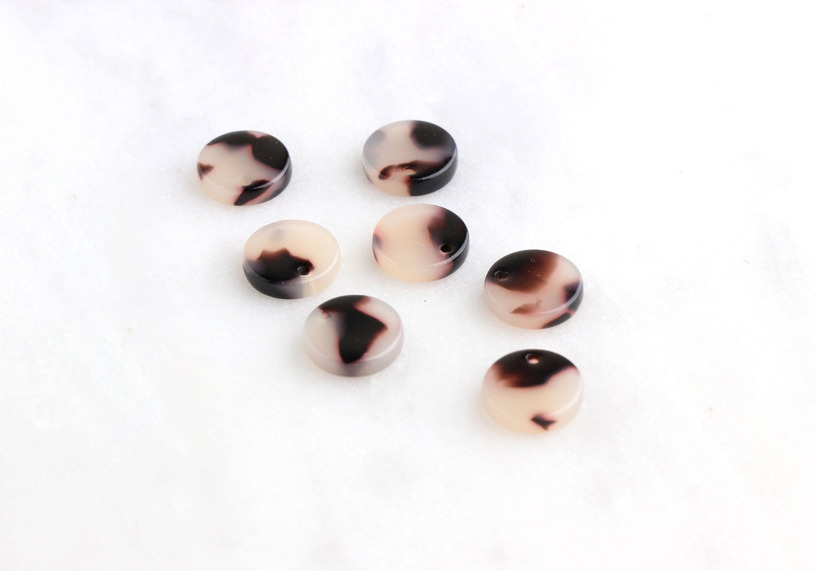 4 Small Coin Drops 10mm, 1 Hole Circle Flat Disc White Tortoiseshell A