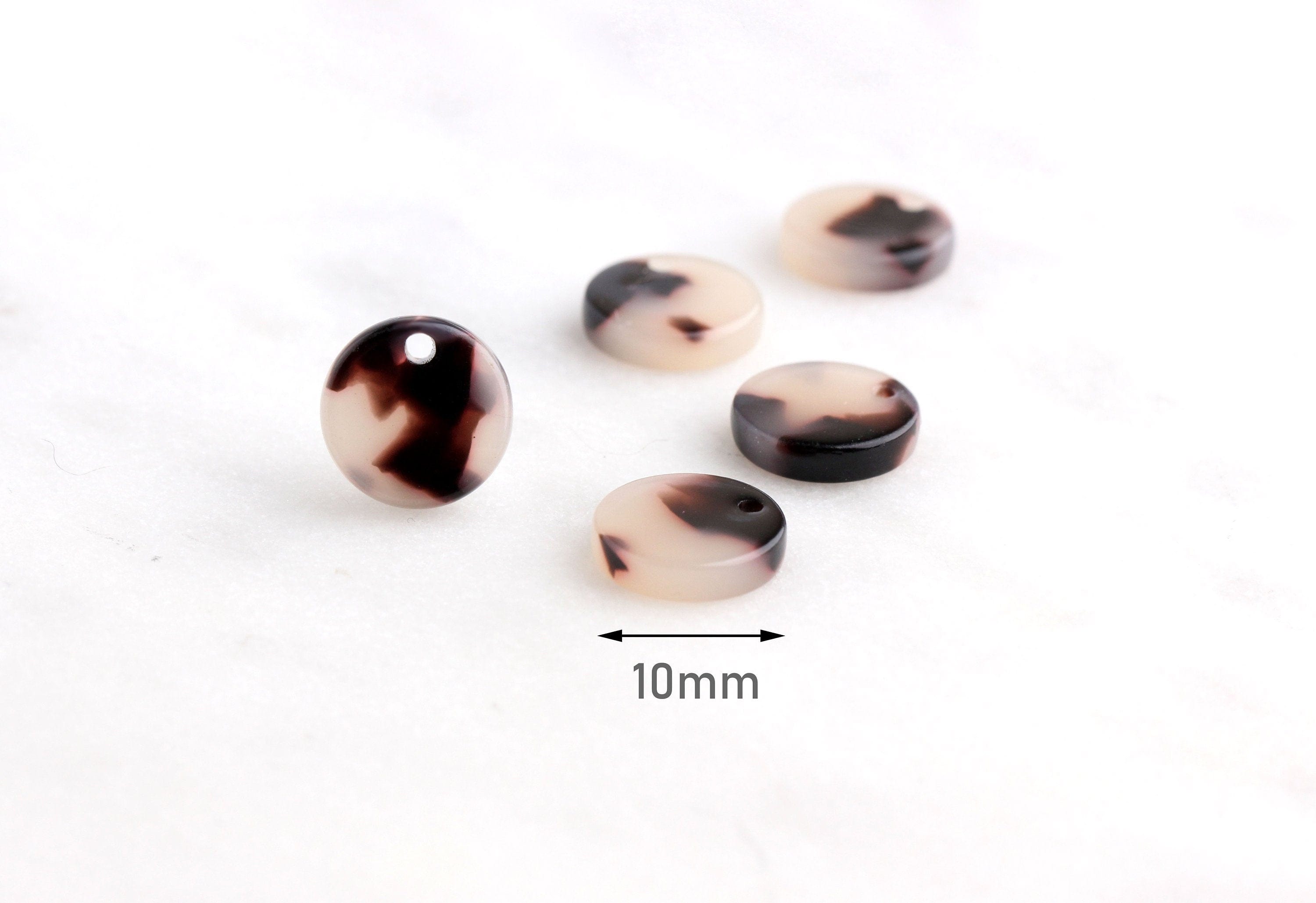 4 Small Coin Drops 10mm, 1 Hole Circle Flat Disc White Tortoiseshell A