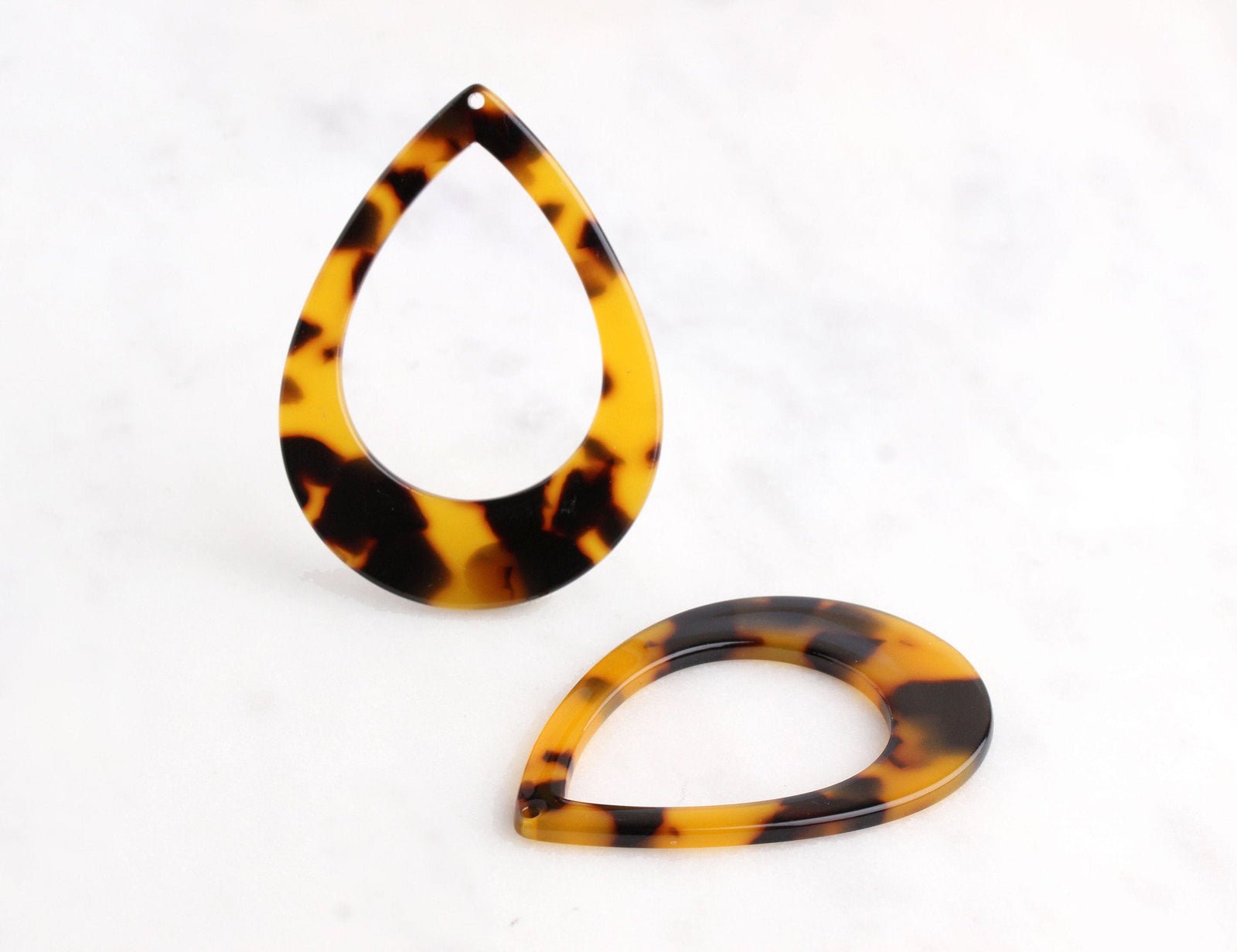 2 Extra Large Teardrop Ring Pendants, Tortoiseshell, Cellulose Acetate