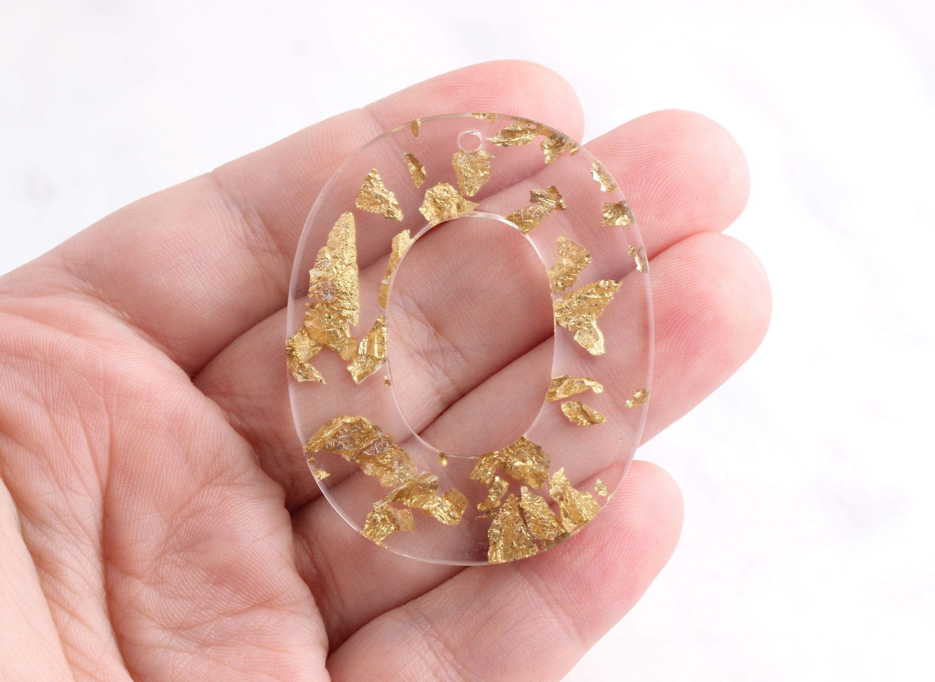 2 Clear Plastic Bead with Gold Flakes, Clear Gold Foil, Laser Cut Acry