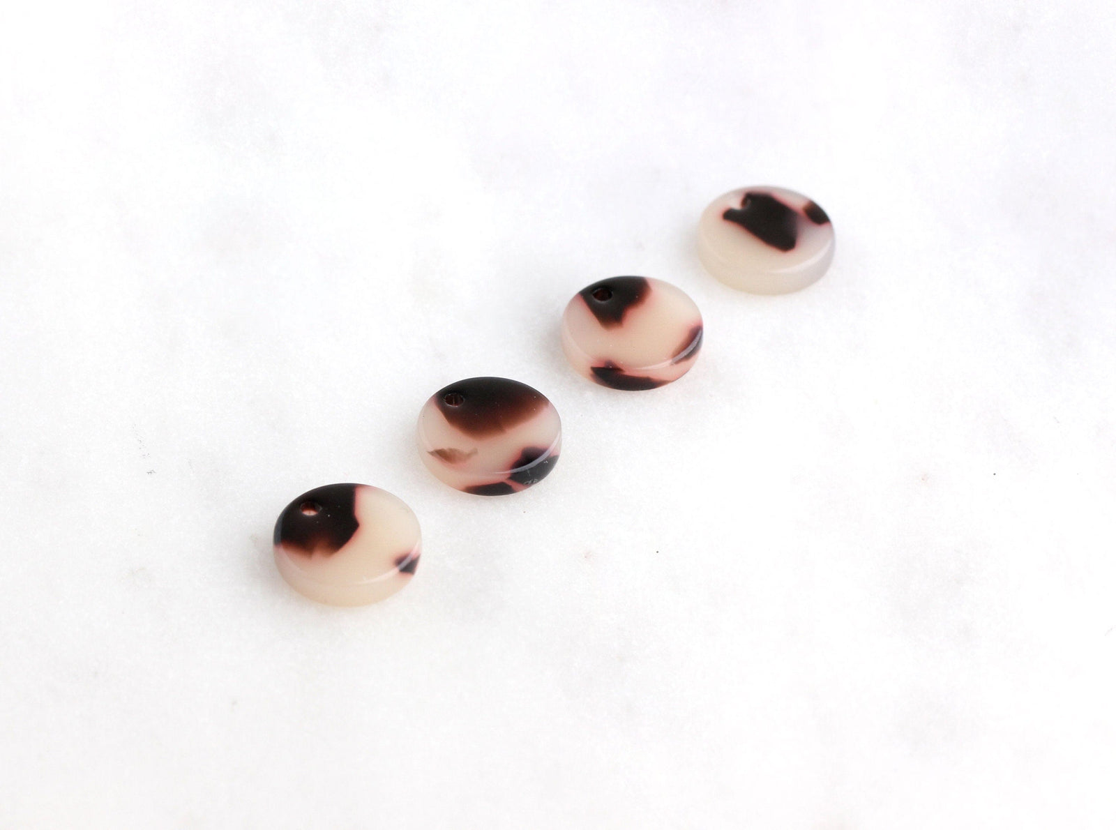 4 Small Coin Drops 10mm, 1 Hole Circle Flat Disc White Tortoiseshell A