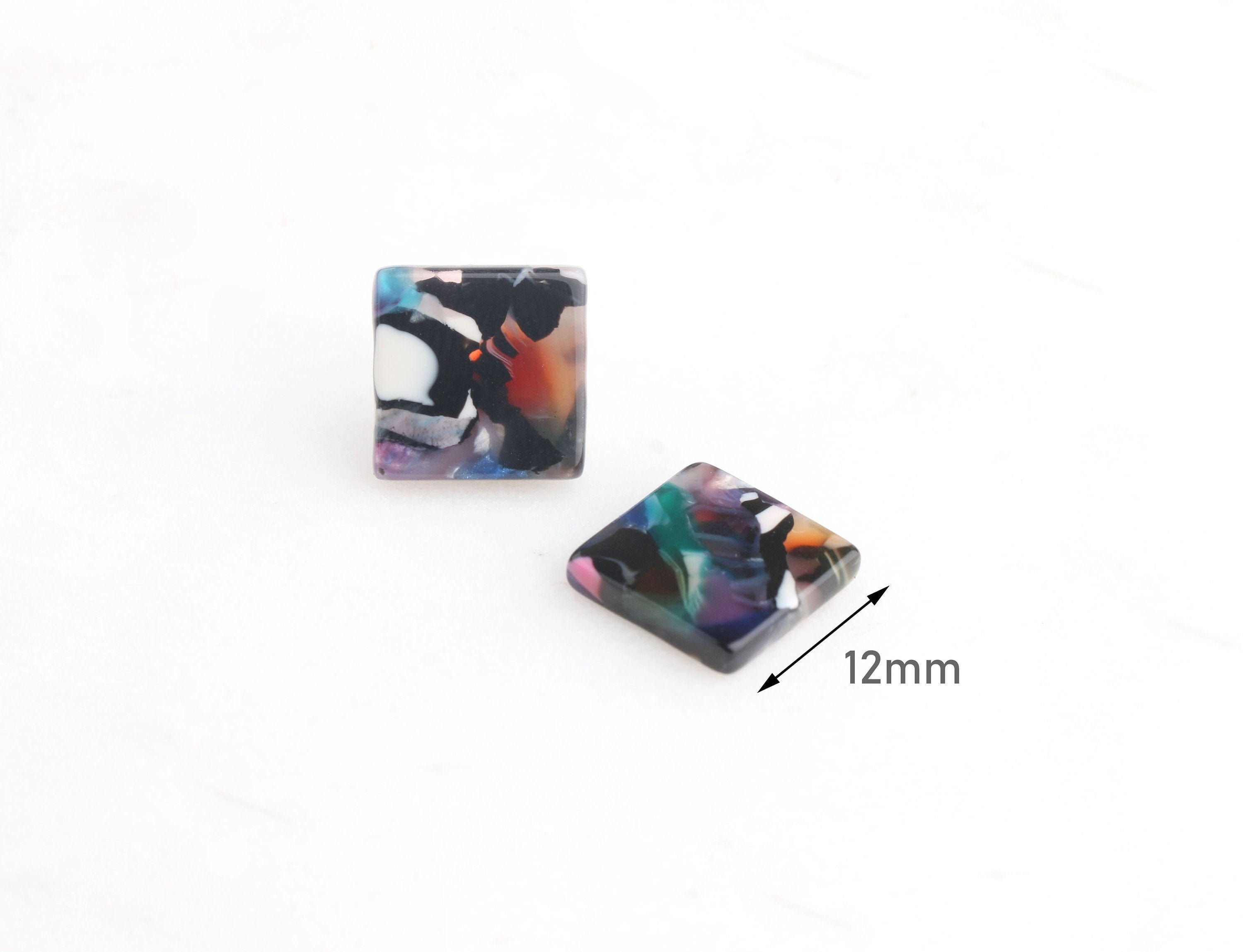 4 Multicolor Tortoise Shell Cabochons, 12mm Square Blanks, Mosaic Tile