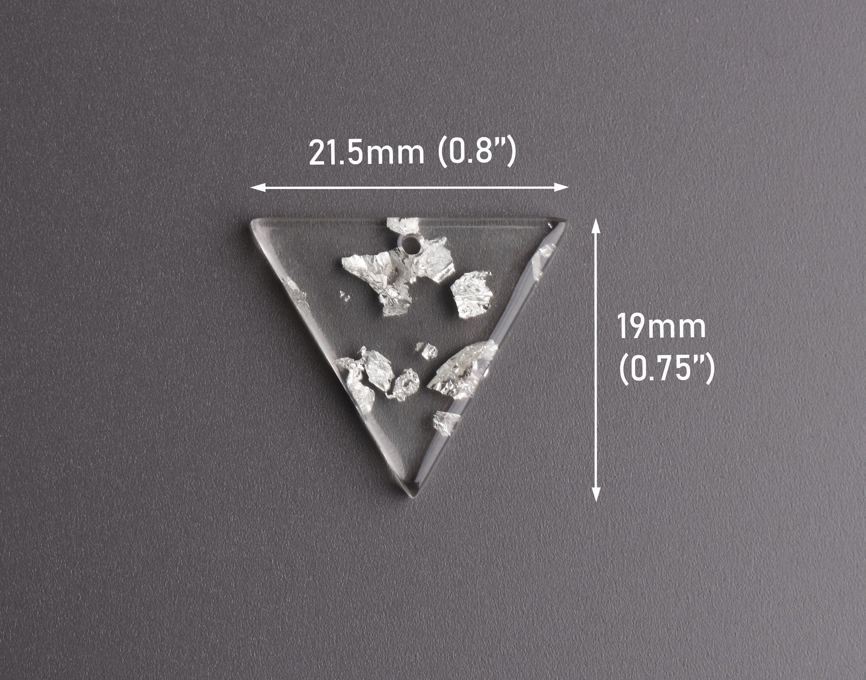 4 Small Inverted Triangle Charms, Silver Foil Leaf Flakes, Clear Trans